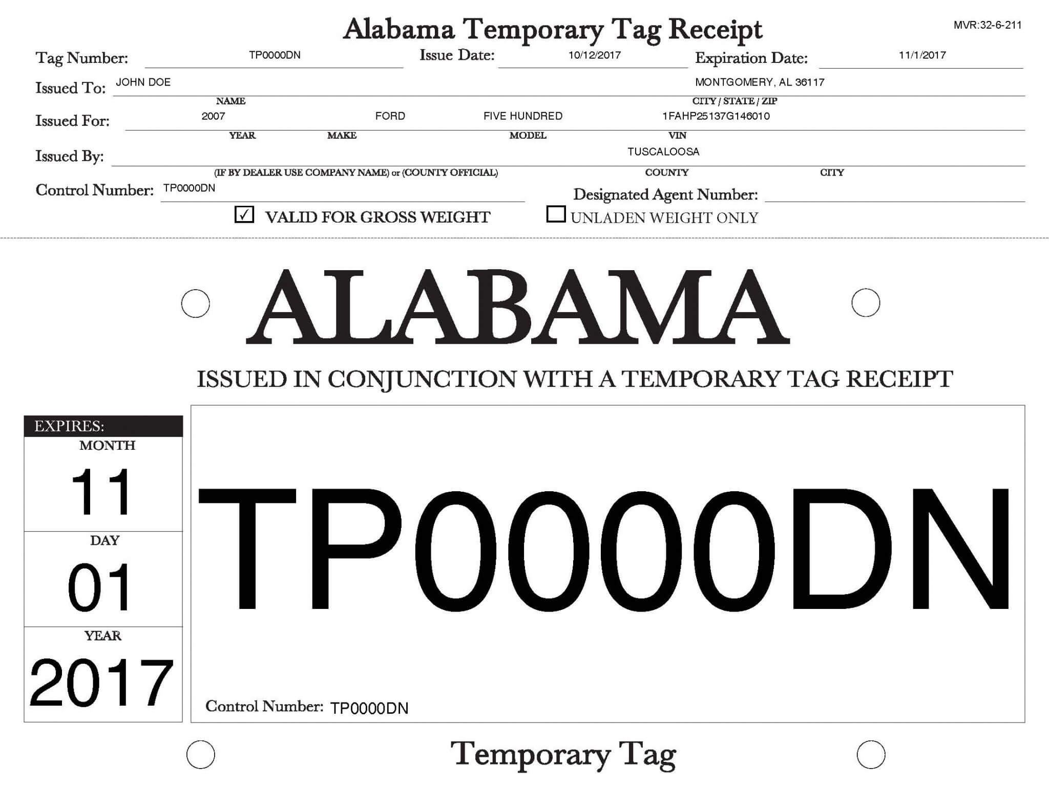 Sample Temporary Tag Issued By Licensing Officials Alabama